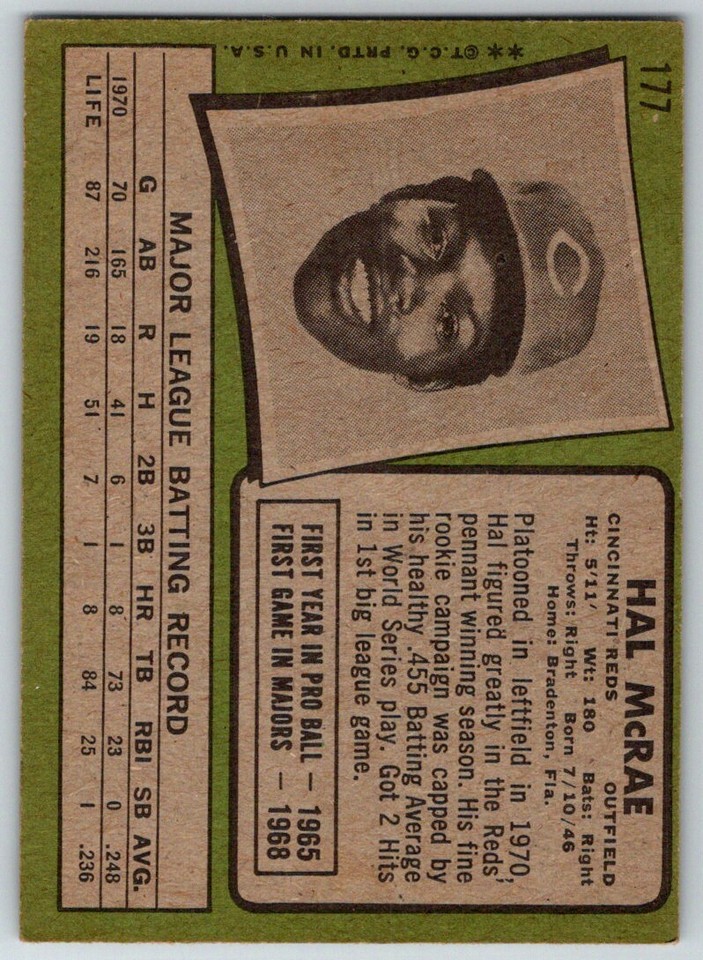 1971 Topps Hal McRae Cincinnati Reds #177 | eBay