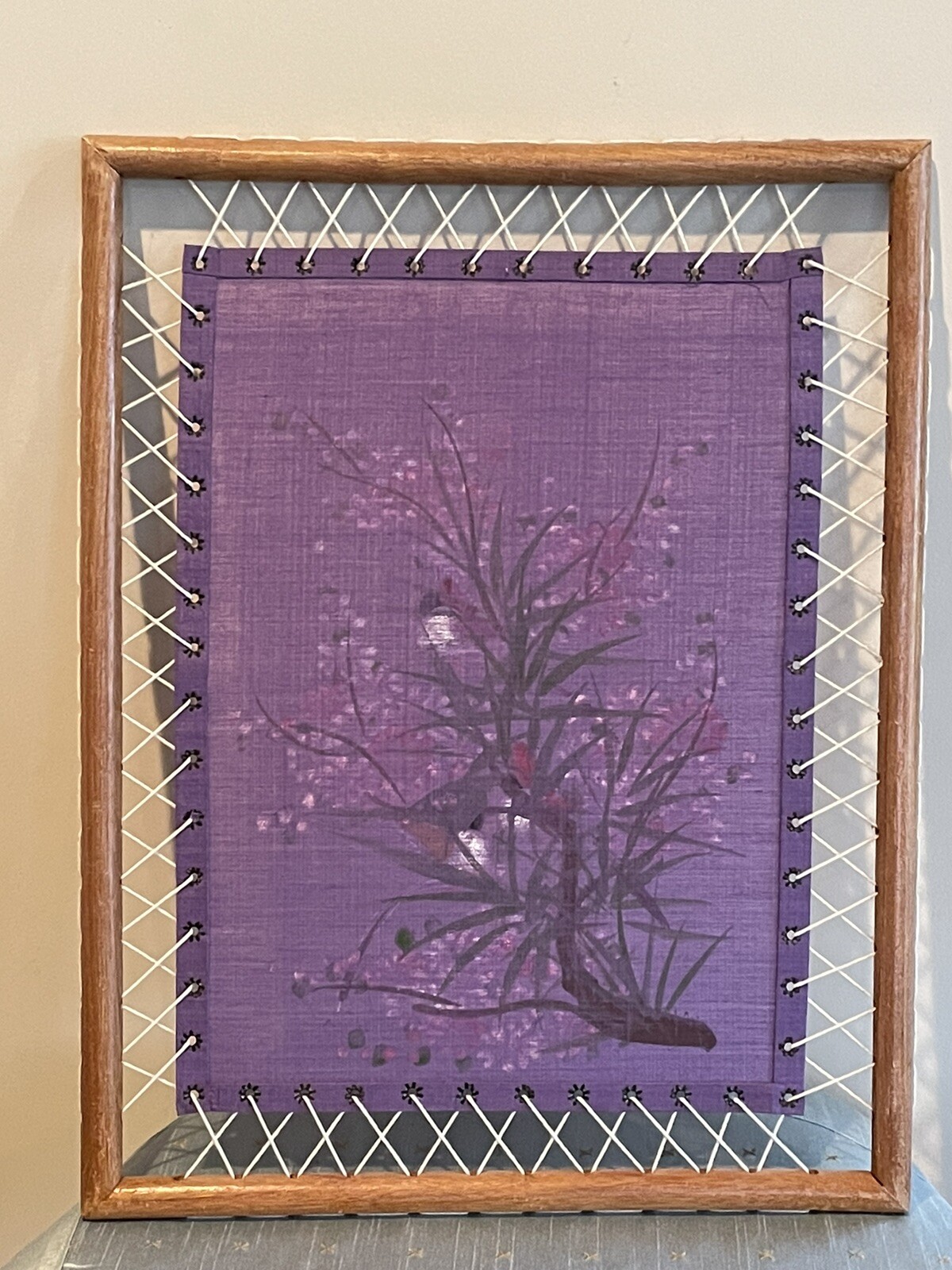 vintage original art on silk floral and birds with bamboo frame | eBay