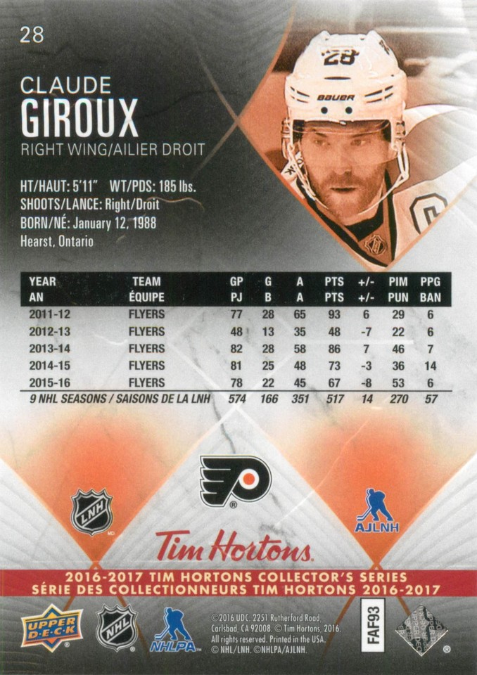 2016 Upper Deck Tim Hortons #28 Claude Giroux Near Mint | eBay