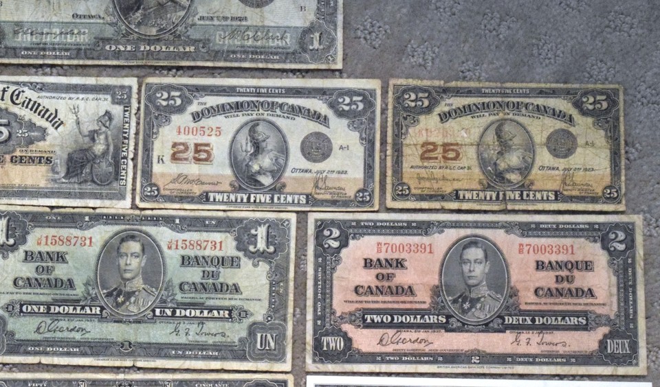 Lot (14) Canada Type Notes 1923 Dominion of $1, 1937 $50 Fifty Dollar ...