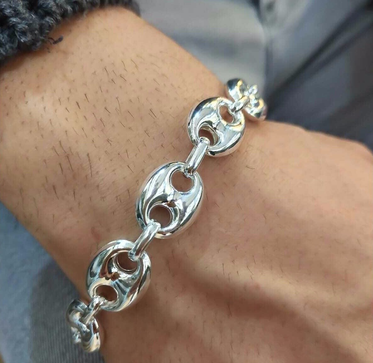 925 Sterling Silver Mens Mariner Puffed Link Chain Bracelet 9.05 Inch ...