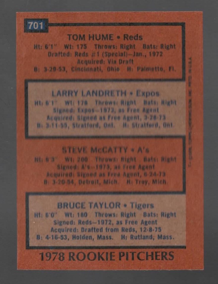 1978 Topps 1978 Rookie Pitchers (Hume /Landreth /McCatty /Taylor) #701 ...