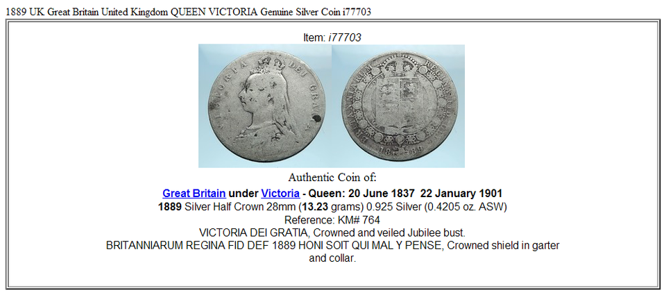1889 UK Great Britain United Kingdom QUEEN VICTORIA Genuine Silver Coin ...