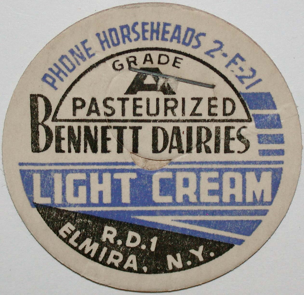 Vintage milk bottle cap BENNETT DAIRIES Light Cream Elmira New York ...