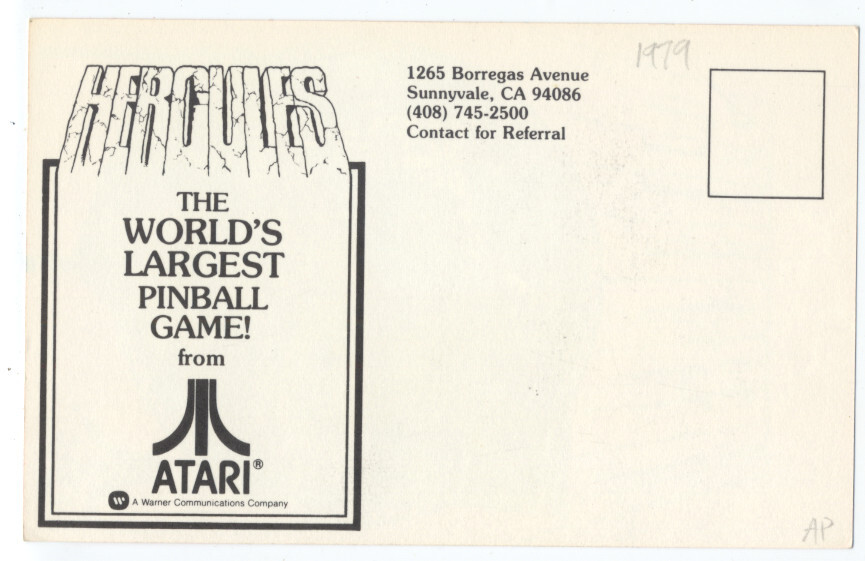 HERCULES PINBALL MACHINE by Atari - 1979 AD Poster-Style Postcard. Rare ...
