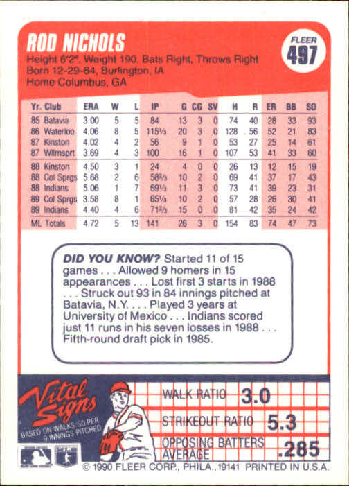 1990 Rod Nichols Fleer Baseball Card #497 | eBay