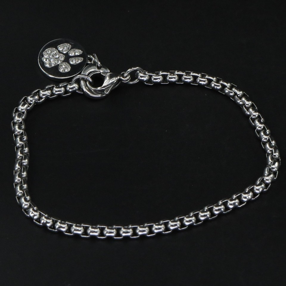 Stainless Steel - Crystal Paw Print Charm Rolo Chain 8" Bracelet - 12g ...