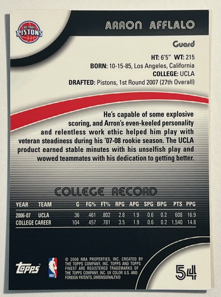 2007-08 Topps Finest Basketball #54 Arron Afflalo RC Rookie Detroit ...