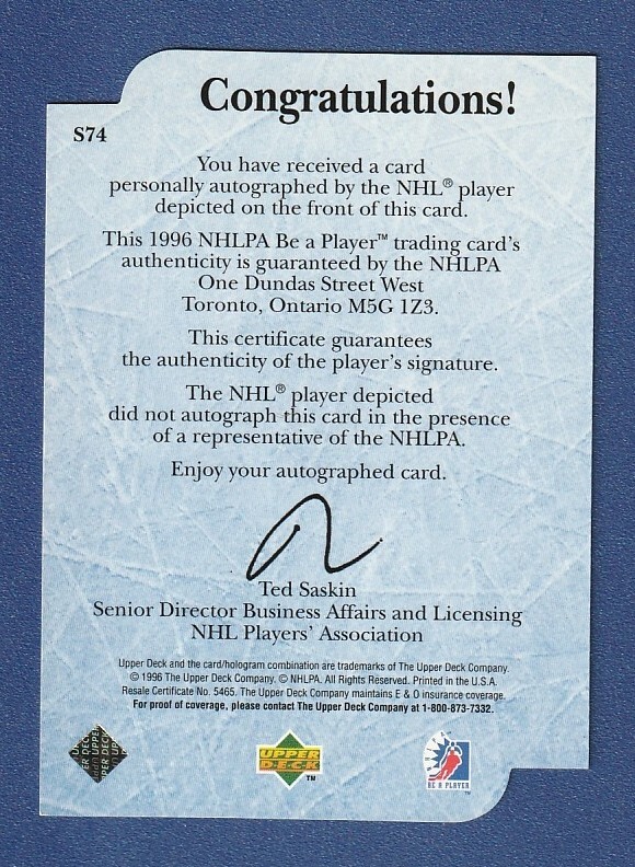 SEAN HILL 1995-96 Be A Player AUTO Die Cut S74 Senators Signed Upper ...