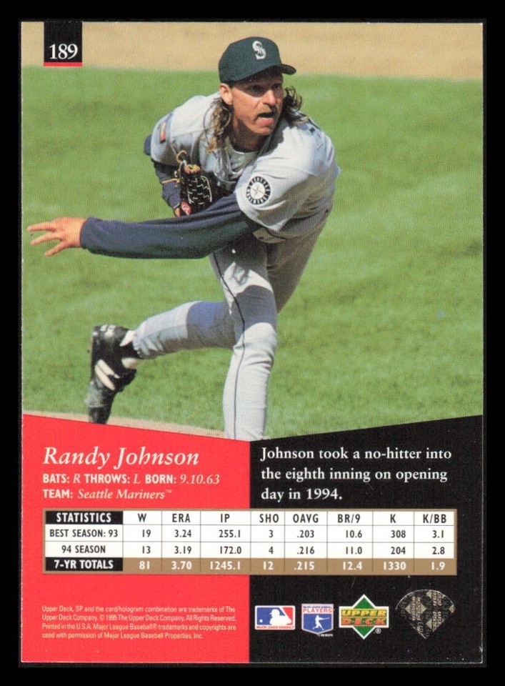 1995 Upper Deck SP Randy Johnson Baseball Card #189 Seattle Mariners ...