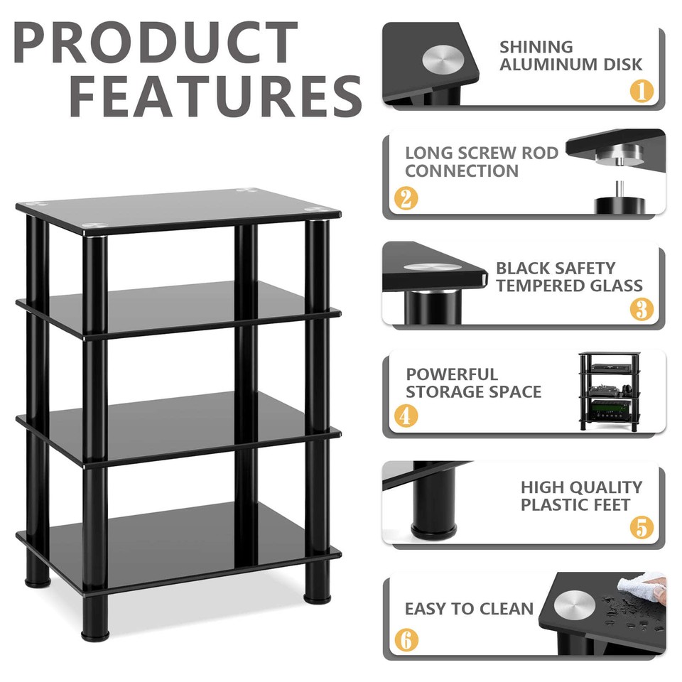 Modern 4-Tiers Media TV Stand Audio Video Tower AV Shelf for TV/ Gaming ...