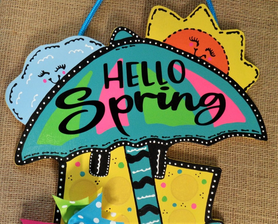 Hello Spring 18" SIGN Wooden Rainboots Umbrella WALL ART DOOR HANGER ...