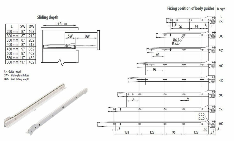 Metal Roller Bottom Fix Kitchen Drawer Runners Slides 250mm-600mm White ...
