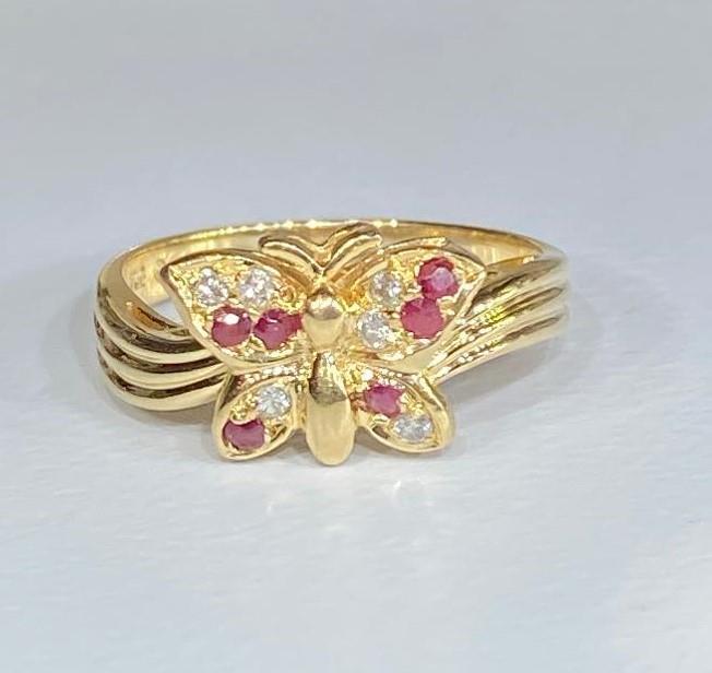14K Yellow Gold Ruby & Diamond Butterfly Ring - Gem