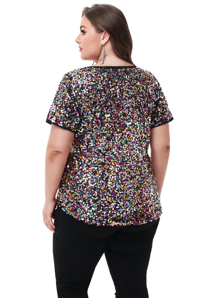 Plus Size Women's Sequin Tops Round Neck Sparkle Glitter Short Sleeve ...