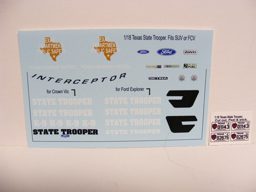 Texas State Trooper 1/18 Waterslide Decals Fits Motormax Police SUV ...