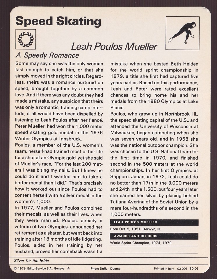 LEAH POULOS MUELLER Speed Skating Photo 1979 SPORTSCASTER CARD #80-05A ...