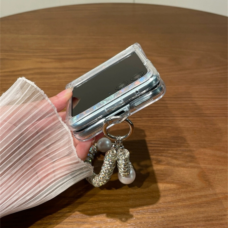 Glitter Shell Love Heart Pearl Wrist Chain Hinge Case For Motorola Razr ...