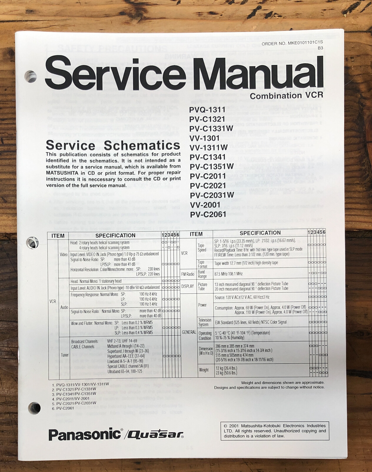 Panasonic / Quasar PVQ-1311 -1321 PV-C2011 -C2021 Service Manual ...