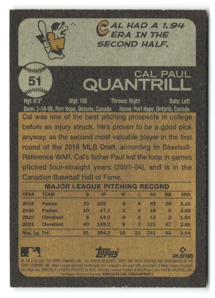 2022 Topps Heritage Cal Quantrill #51 Cleveland Guardians BASEBALL Card ...