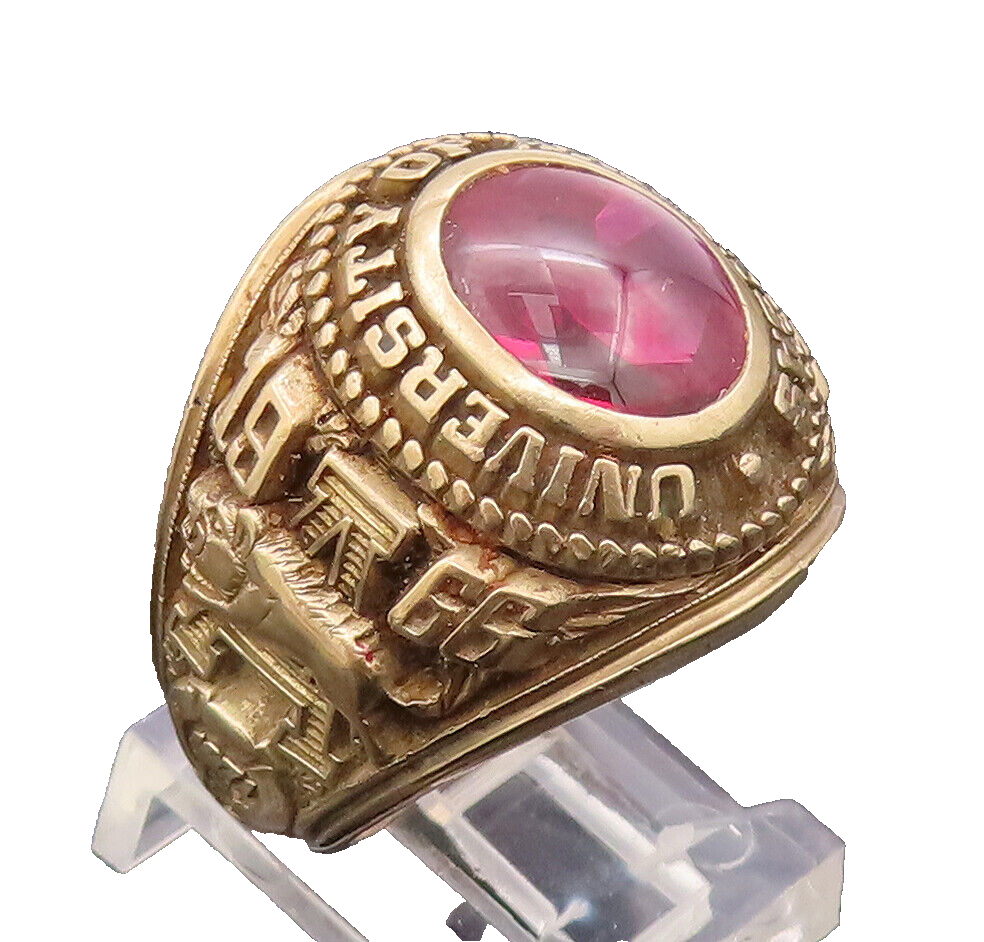 10K GOLD Vintage Ring 1966 University of Arkansas Created Red Stone Sz ...