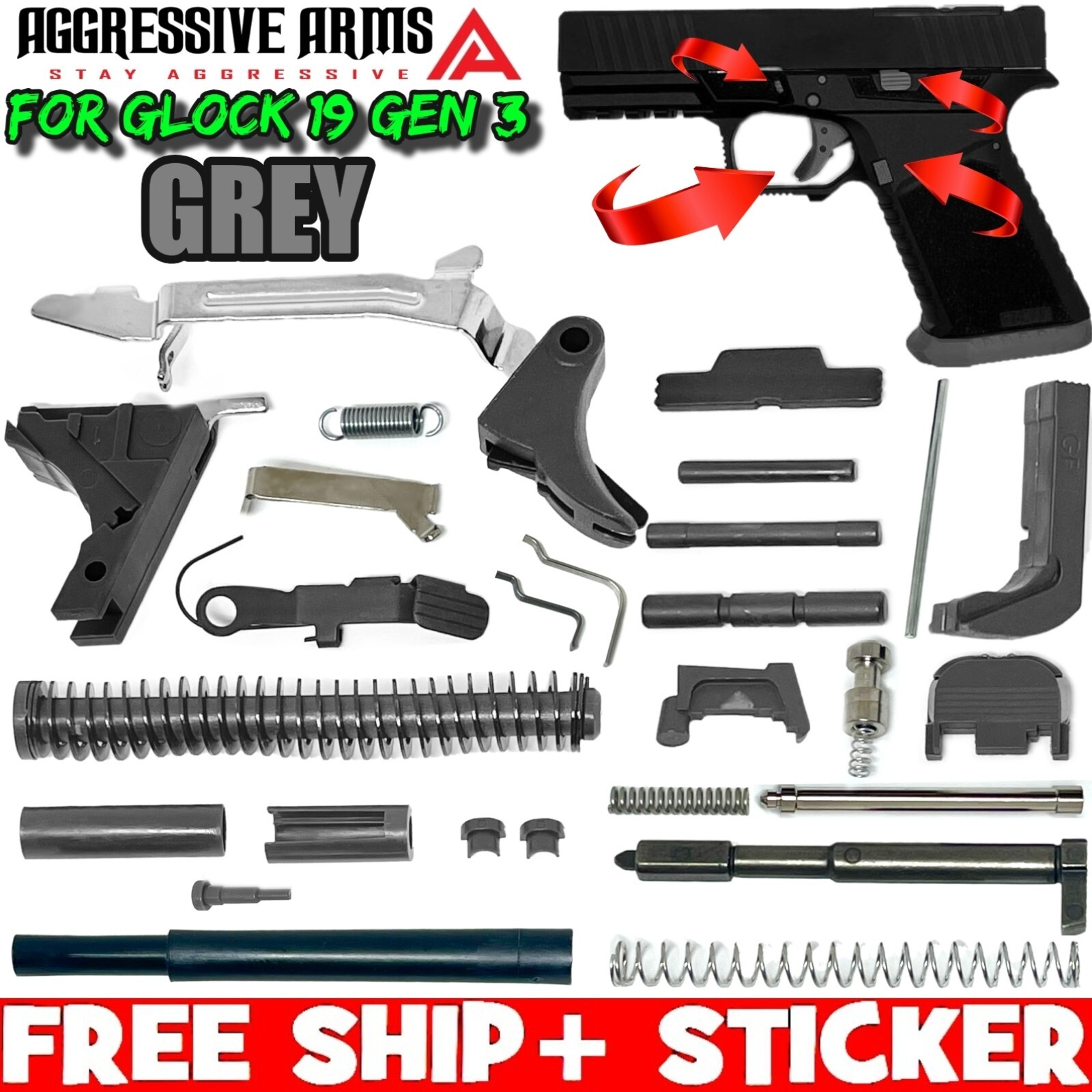AGGRESSIVE ARMS GREY GRAY Slide + Lower Parts Kit for GL0CK 19 GEN 1 2 ...