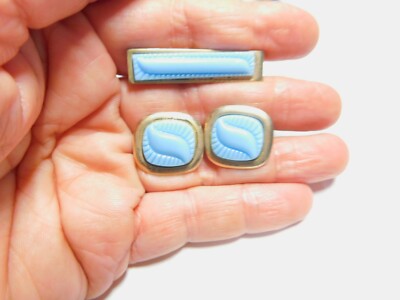 Light Blue Molded Plastic Cufflinks Tie Clip Set Vintage | eBay