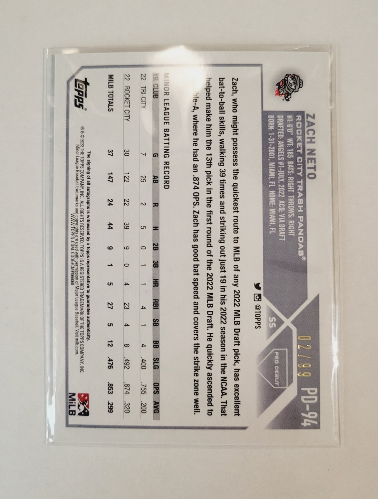 2023 Topps Pro Debut ZACH NETO Auto Autograph Green Foil/Refractor /99 ...