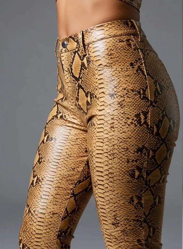 NEW Women’s Brown Embossed Synthetic Snake Print Leather Pants Free ...