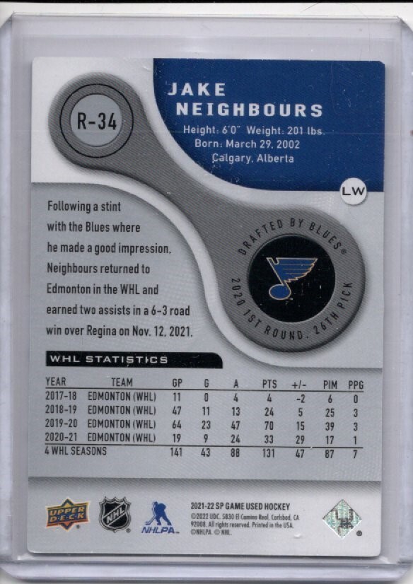 Jake Neighbours St. Louis Blues 2021-22 SP Game Used #/999 R-34 | eBay