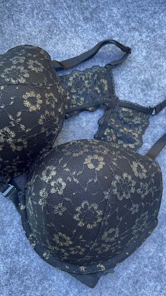 Victorias Secret Push Up Bra 34DD Front close Black Lace Gold Racerback ...