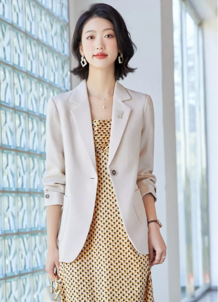 Veste Costume Femme Blazer Deux Couleurs Bureau Beige Élégant Slim ...