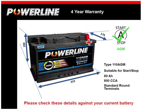 AGM Car Battery 110AGM Powerline 110 800A 80Ah 4Yr WTY 315x175x190 ...