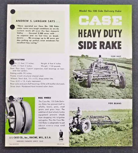 Case Model 100 Heavy Duty Side Delivery Rake Dealer Sales Brochure ...