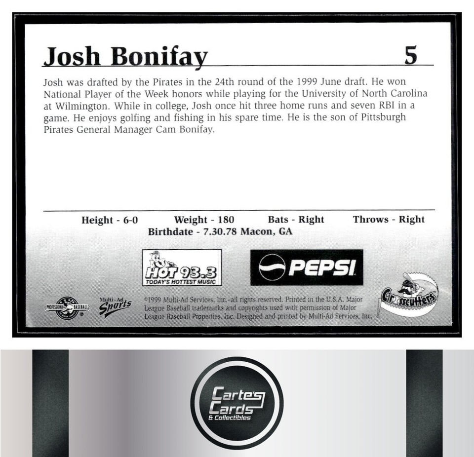 Josh Bonifay 1999 Multi-Ad Williamsport Crosscutters #5 Pittsburgh ...