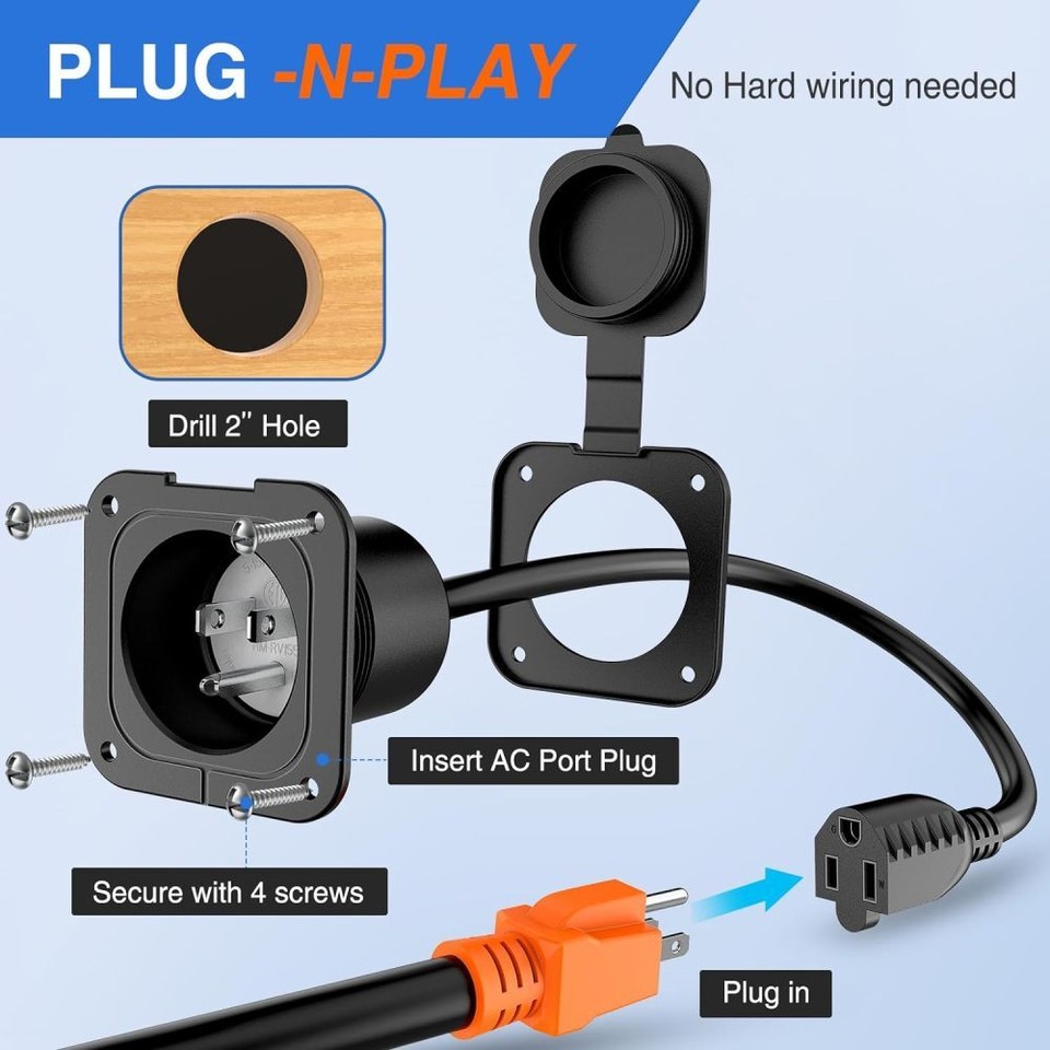 15 AMP Flanged Inlet 125 Volt RV Shore Power Plug Inlet Male Receptacle ...