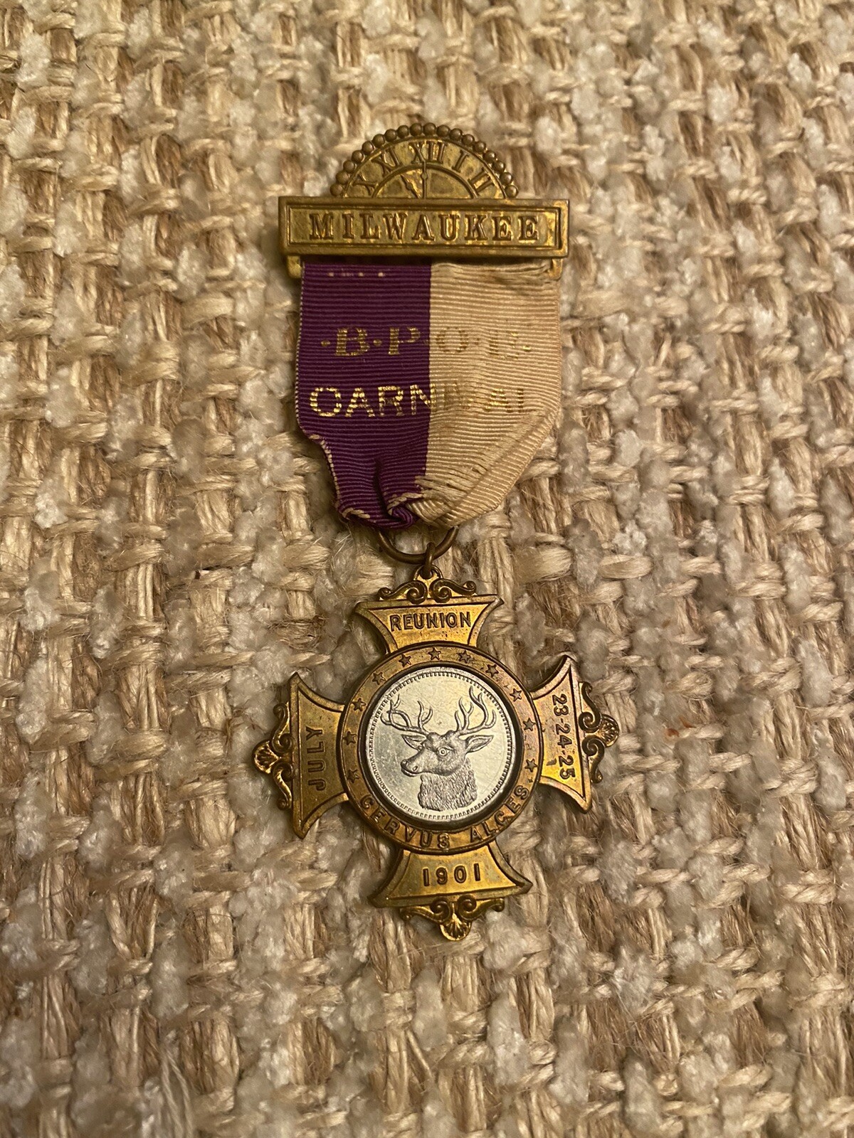 1901 BPOE ELKS Carnival Milwaukee, WI Pin Ribbon Cervus Alces Badge ...