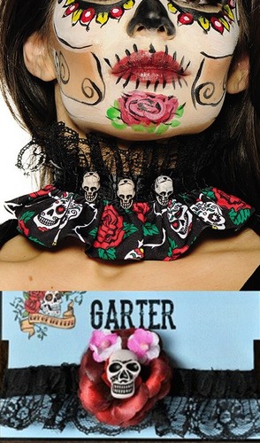 DAY of the DEAD 2pc GARTER & CHOKER Necklace SET Halloween Gothic ...