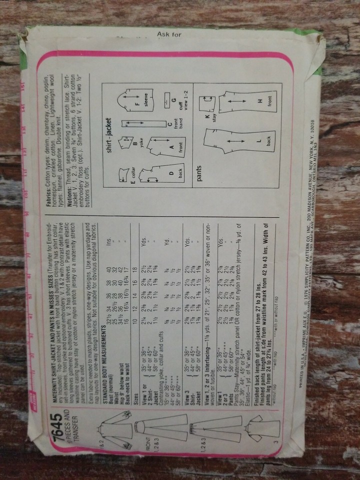 Simplicity 7645 Vintage 70' Misses' Maternity Shirt Jacket Pants Sizes ...