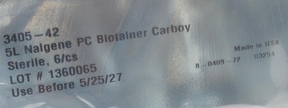 NEW 6-PACK Nalgene 5 Liter Sterile Square Polycarbonate Biotainer ...