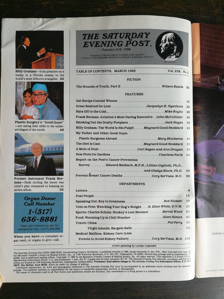 Saturday Evening Post March 1986 - Billy Graham - Carl Sagan - Breast ...
