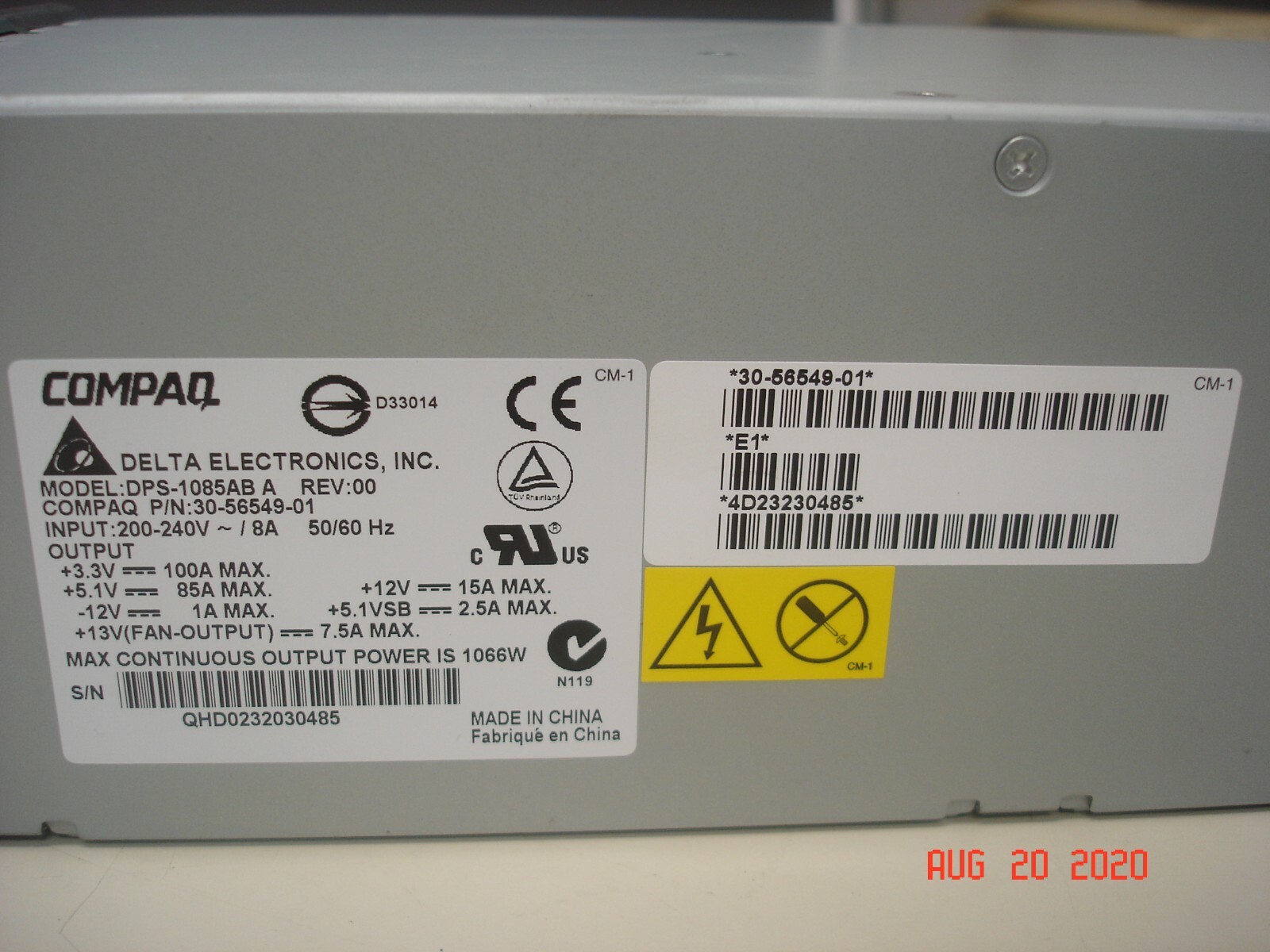 HP 30-56549-01 1085W 240V PSU FOR ALPHASERVER ES45 MOD 1B OR 2B, 3X ...