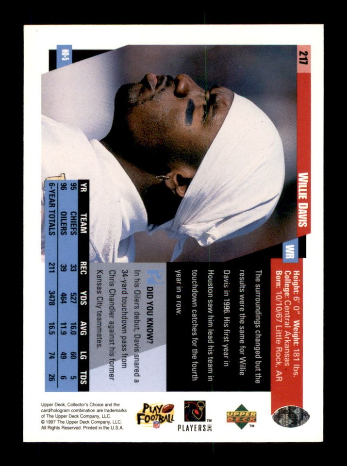 1997 Football Upper Deck Willie Davis Houston Oilers #217 | eBay