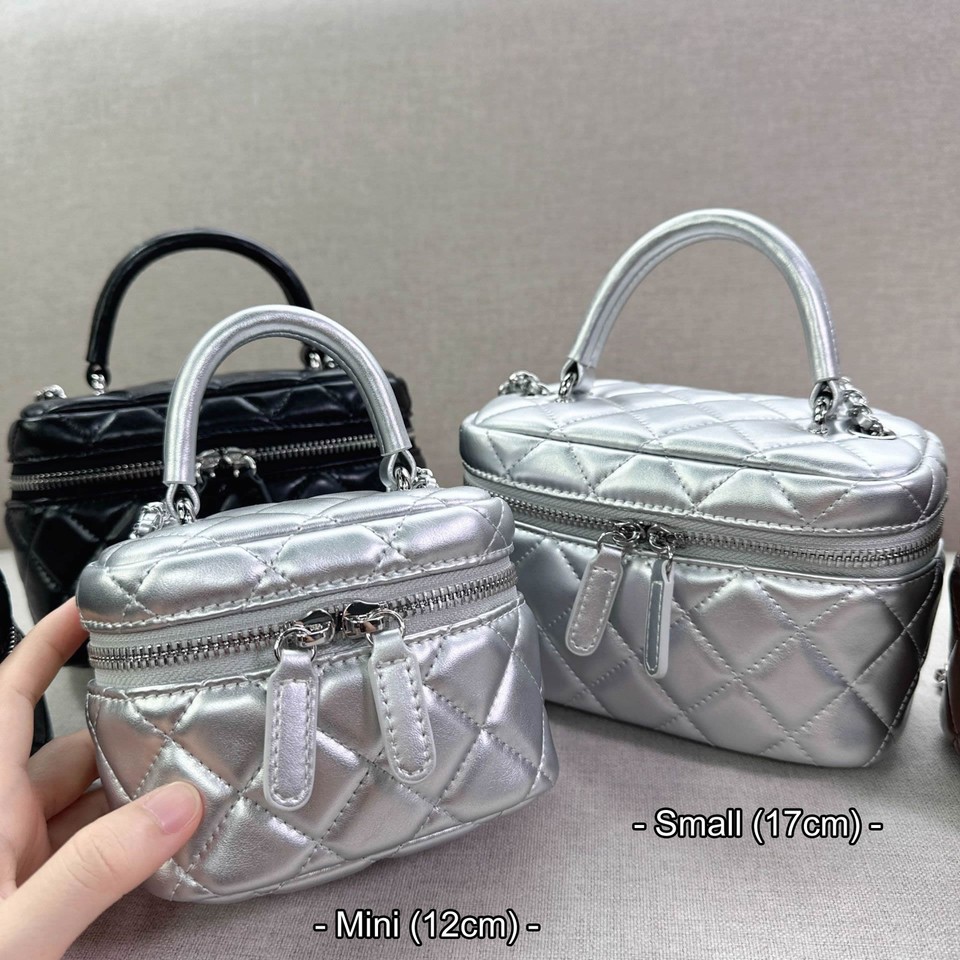 Mini Quilted Real Leather Vanity Case Box Purse Clutch Tote Shoulder ...