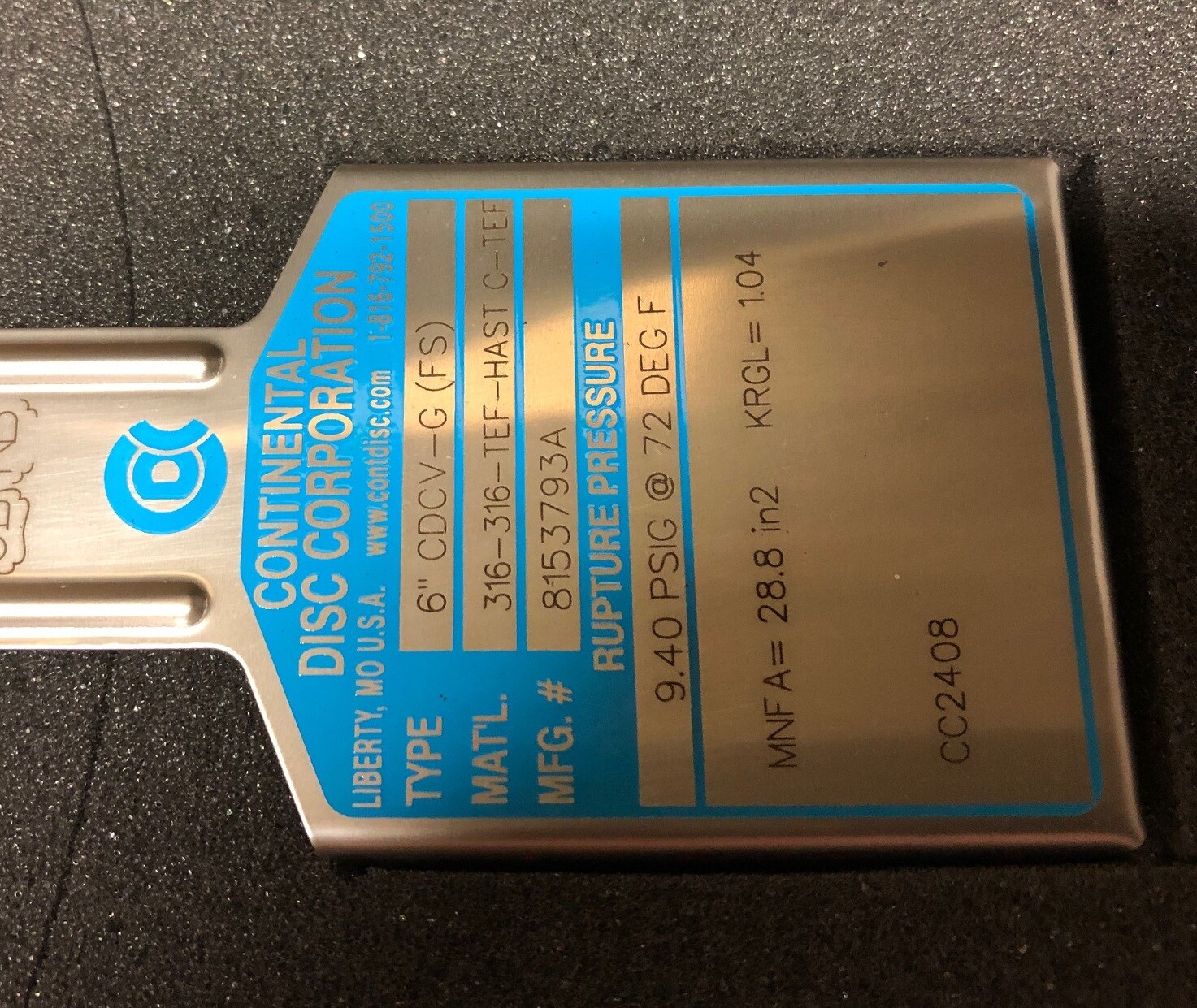 Continental Rupture Disc 6" CDCV-G (FS), 9.4 psig @ 72 Deg. F, 316 ...