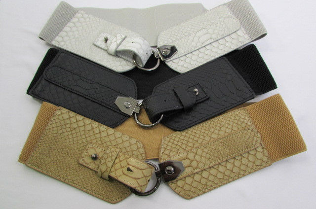 Women Black White Beige Elastic Fashion Belt Snake Skin Wide Faux ...