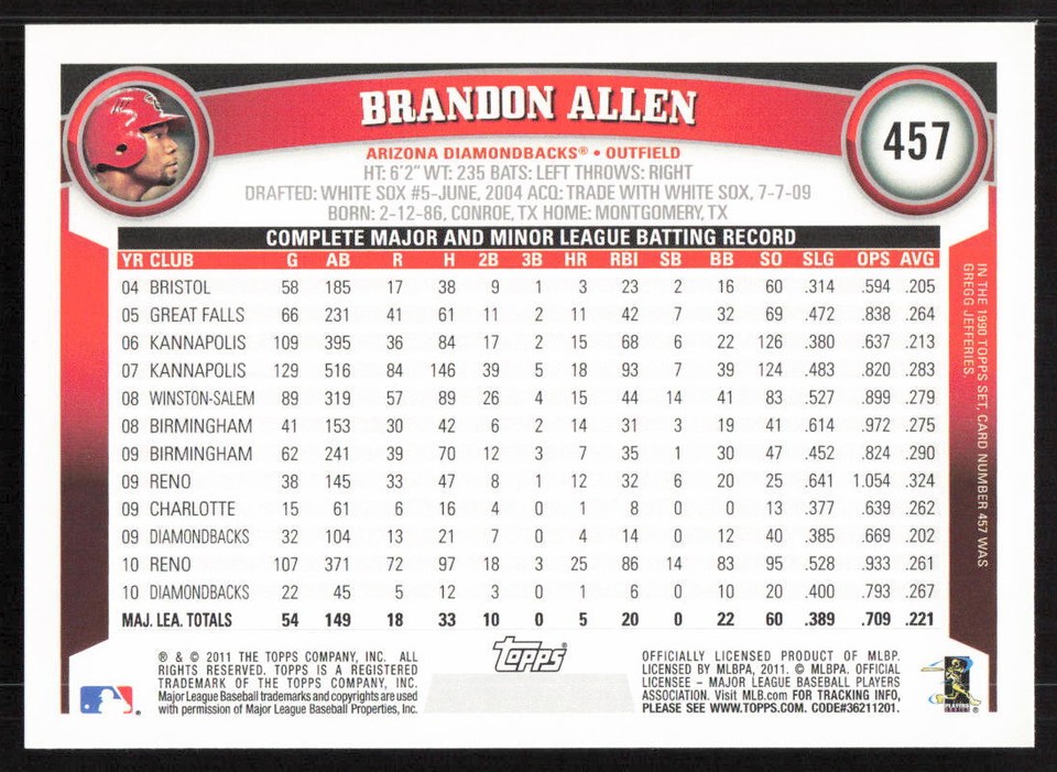 2011 Topps #457 Brandon Allen Arizona Diamondbacks | eBay