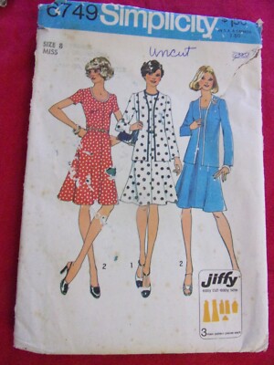 VTG 70S UNCUT SIMPLICITY# 6749 SZ 8 DRESS & CARDIGAN JACKET SEWING ...