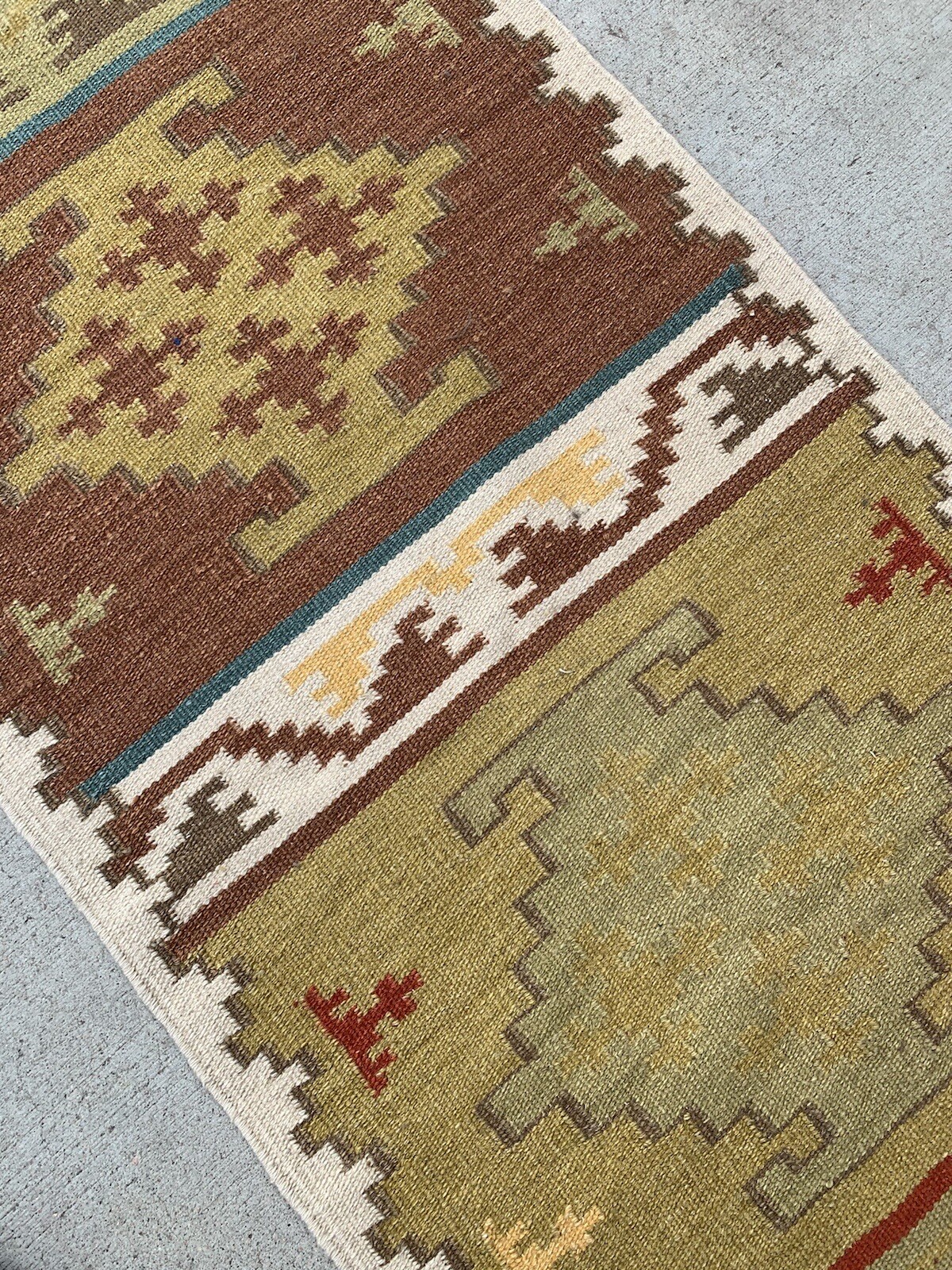 Vtg Southwestern Tribal Aztec Pattern Woven Rug Woolen Kilim Green 28 x ...