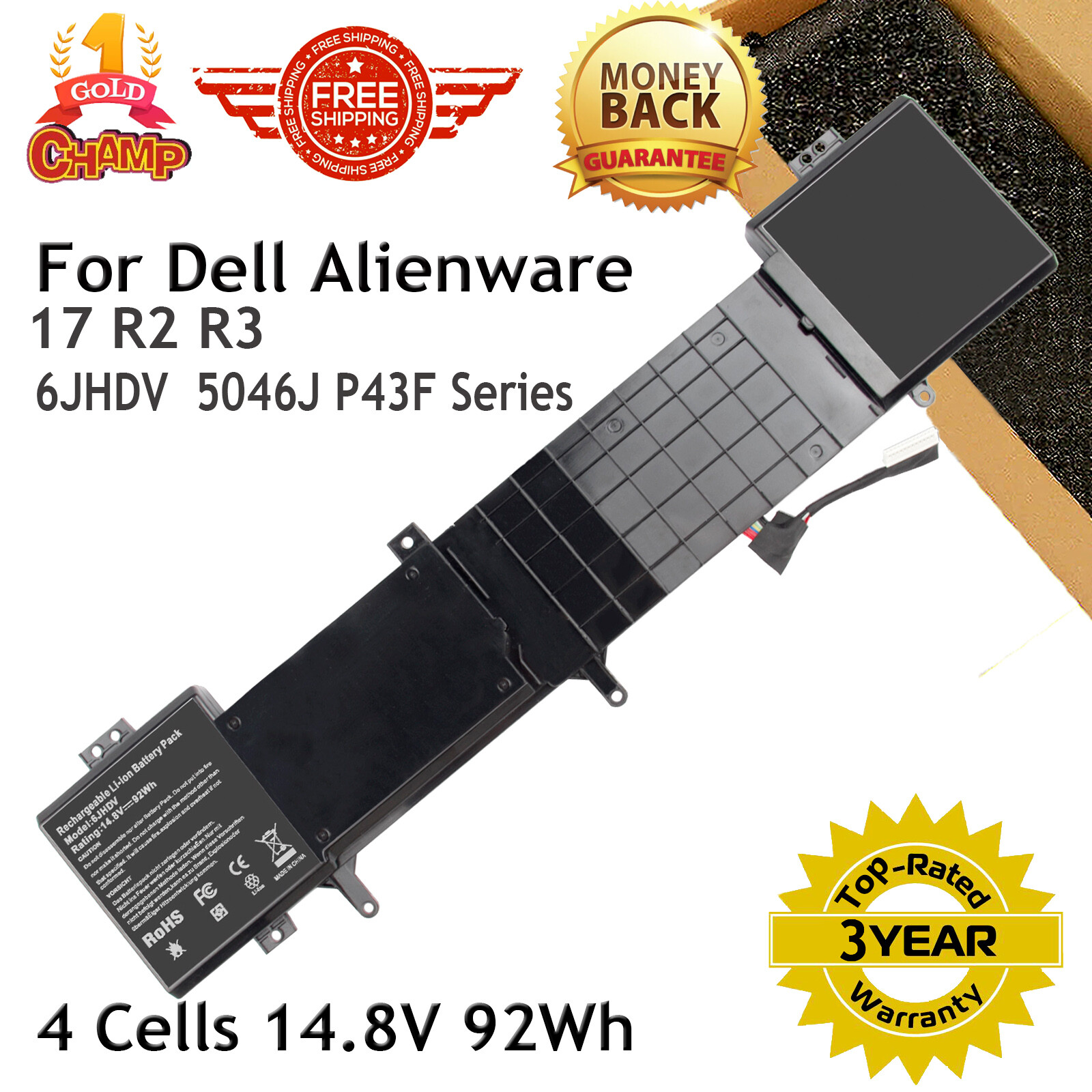 6JHDV YKWXX Laptop Battery for Dell Alienware 17 R2 5046J P43F Series ...